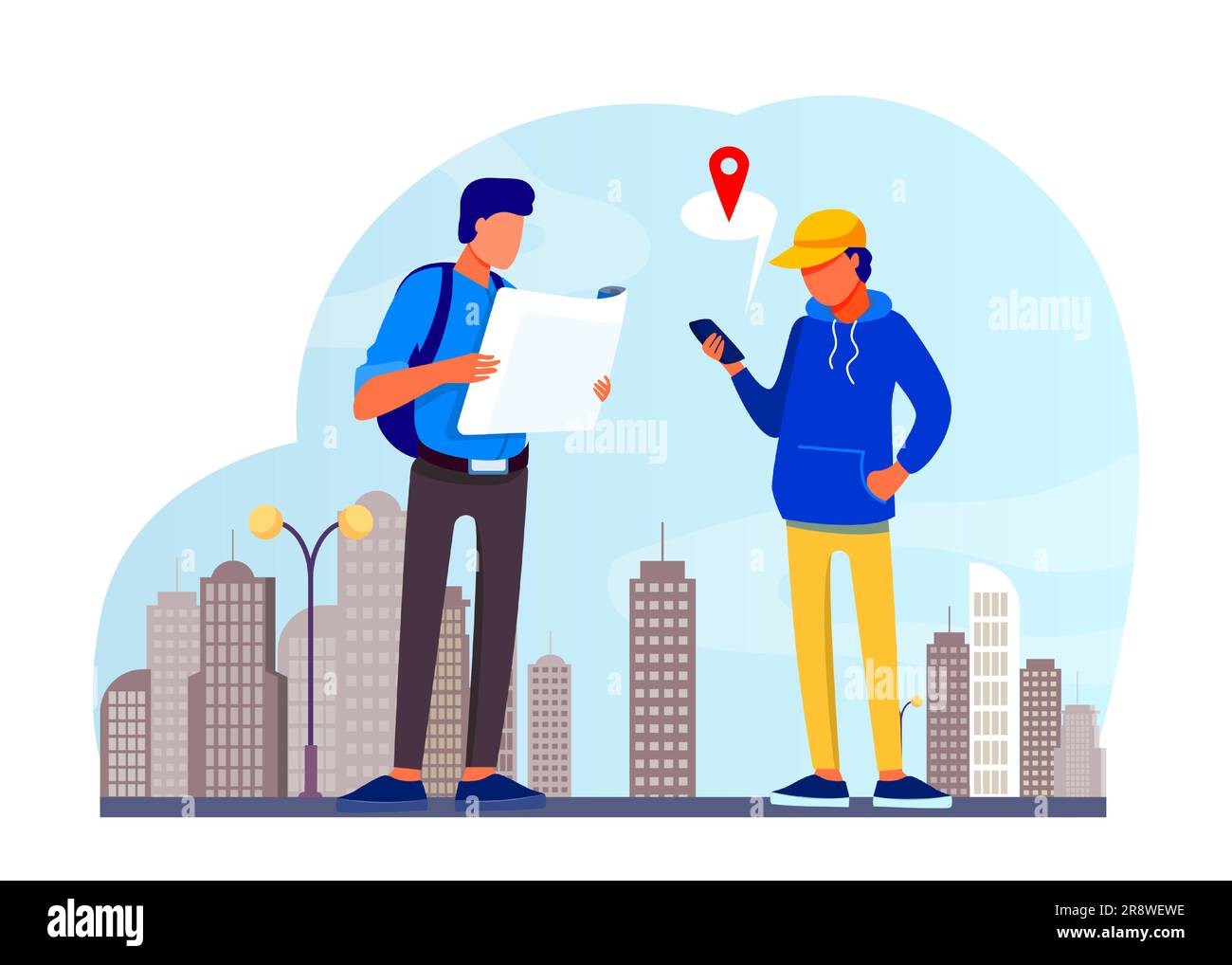 People using paper map and location app on mobile phone Stock Vector ...