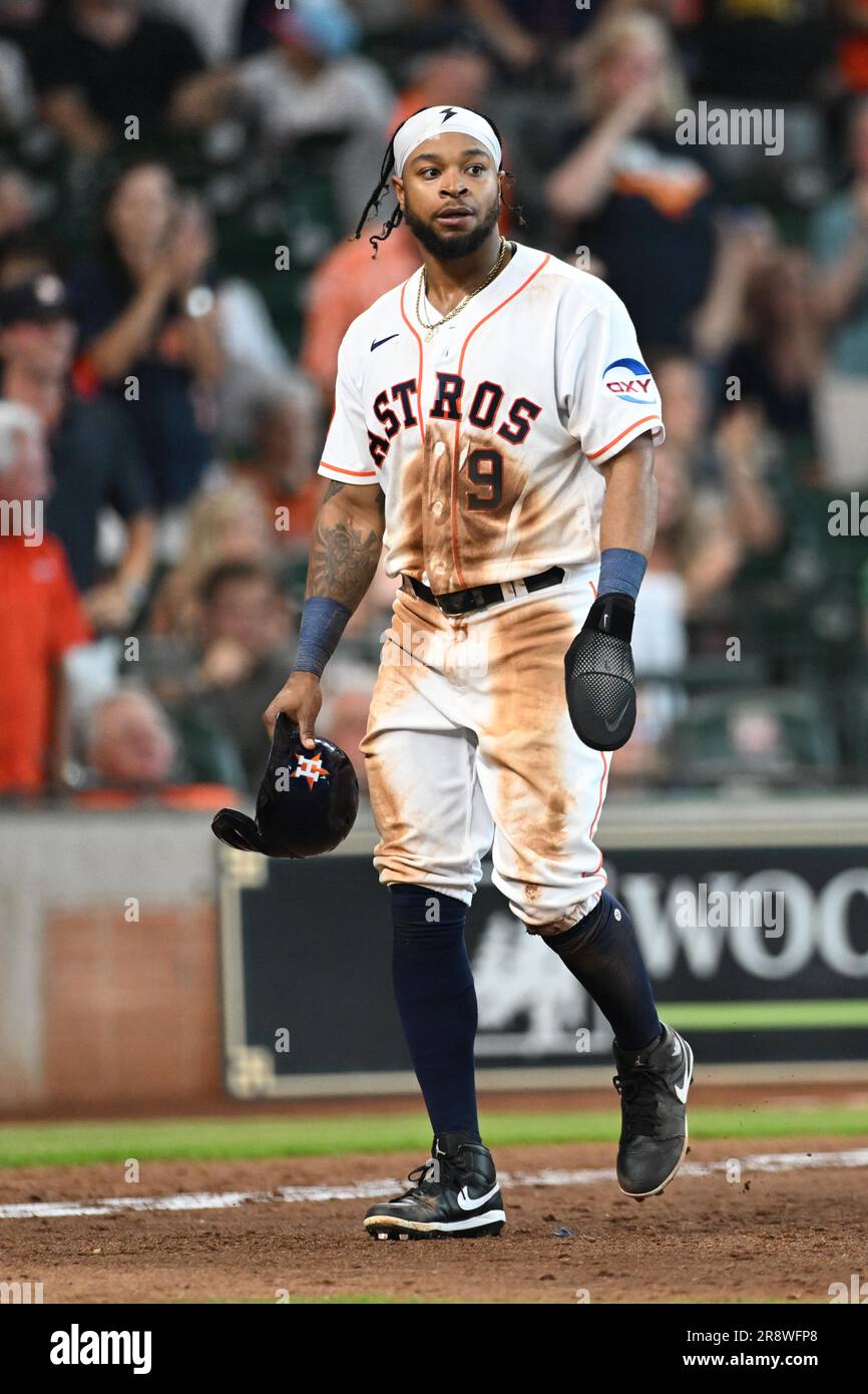 Houston Astros left fielder Corey Julks (9) after scoring on a squeeze ...