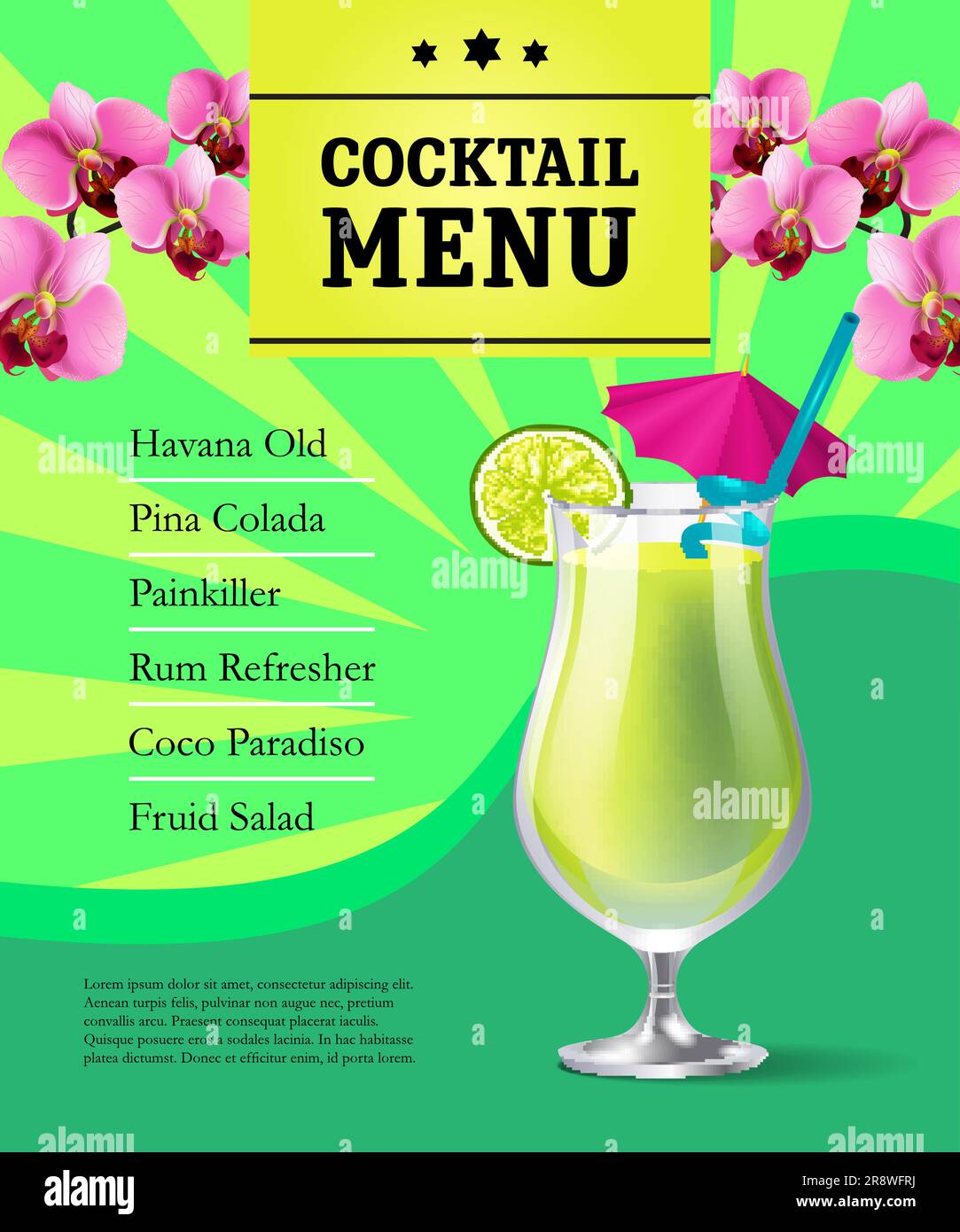 Cocktail menu poster template design. Cold drink and orchid Stock ...