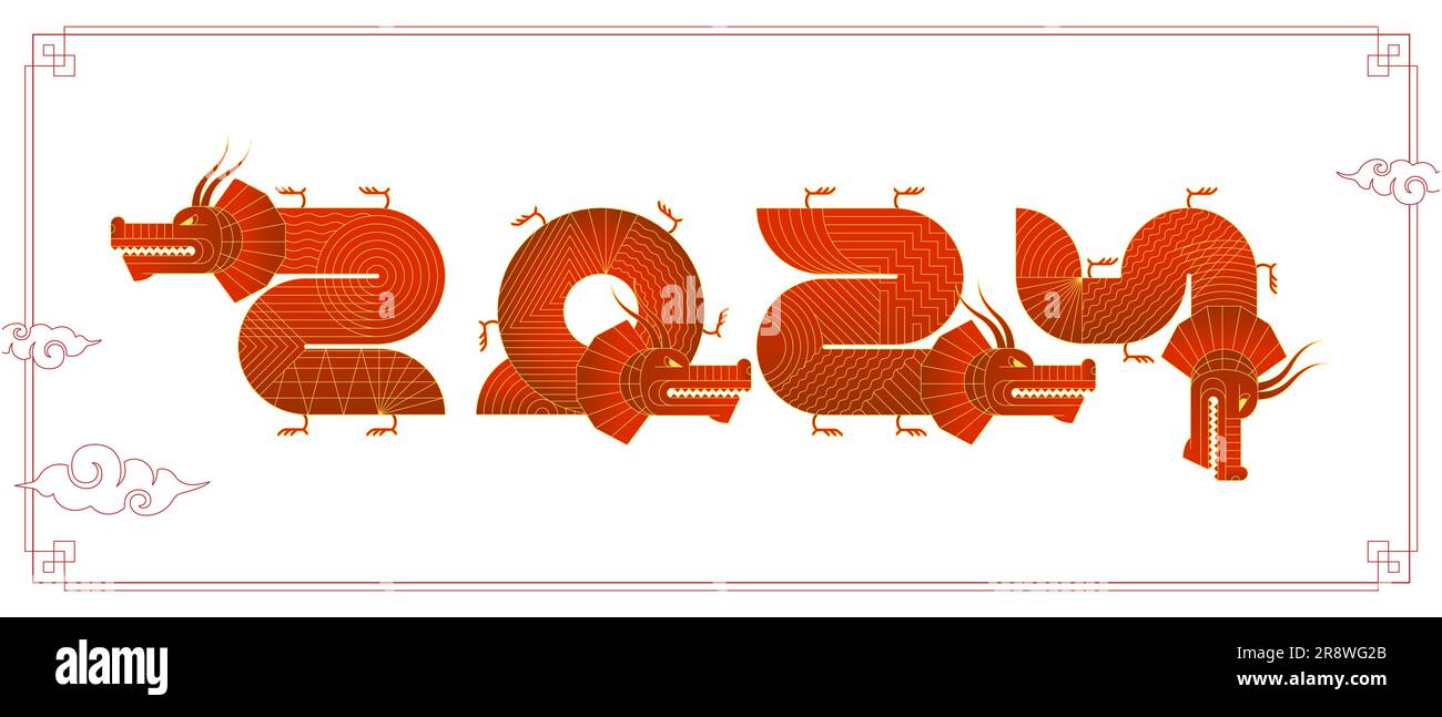 2024 geometric chinese Happy New Year dragons banner. Red abstract ...