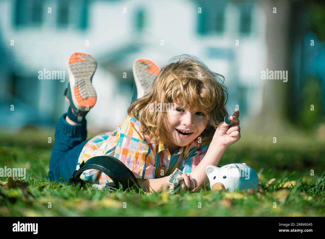 Bank. Investments kid. Piggybank. Saving money. Child boy with coin ...