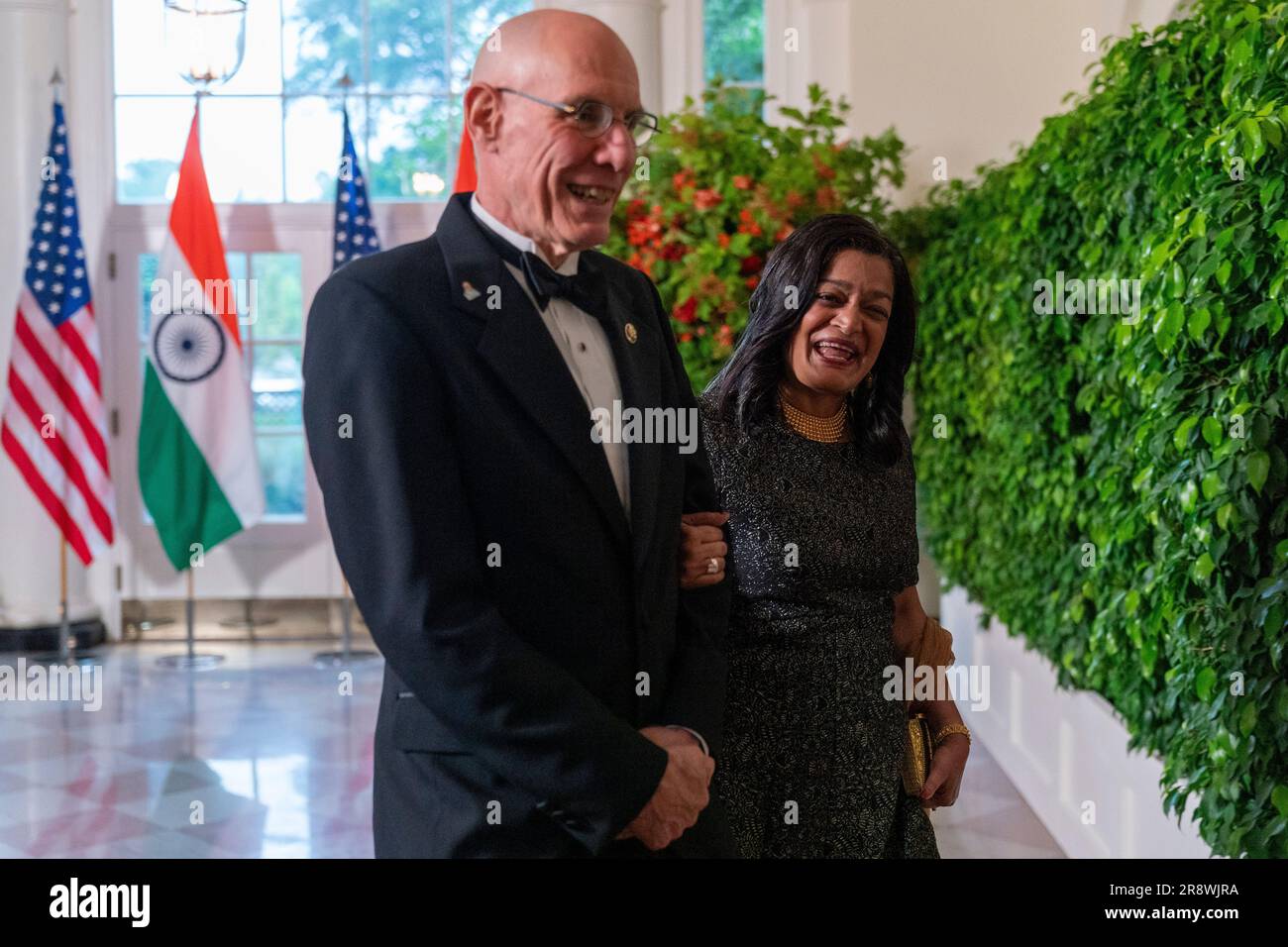 Rep. Pramila Jayapal, D-Wash., and her husband Steve Williamson, arrive for the State Dinner ...
