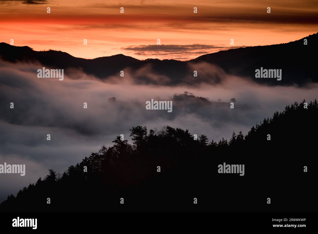 Takeda Castle of Japan at dawn with sunrise and sea cloud Stock Photo ...