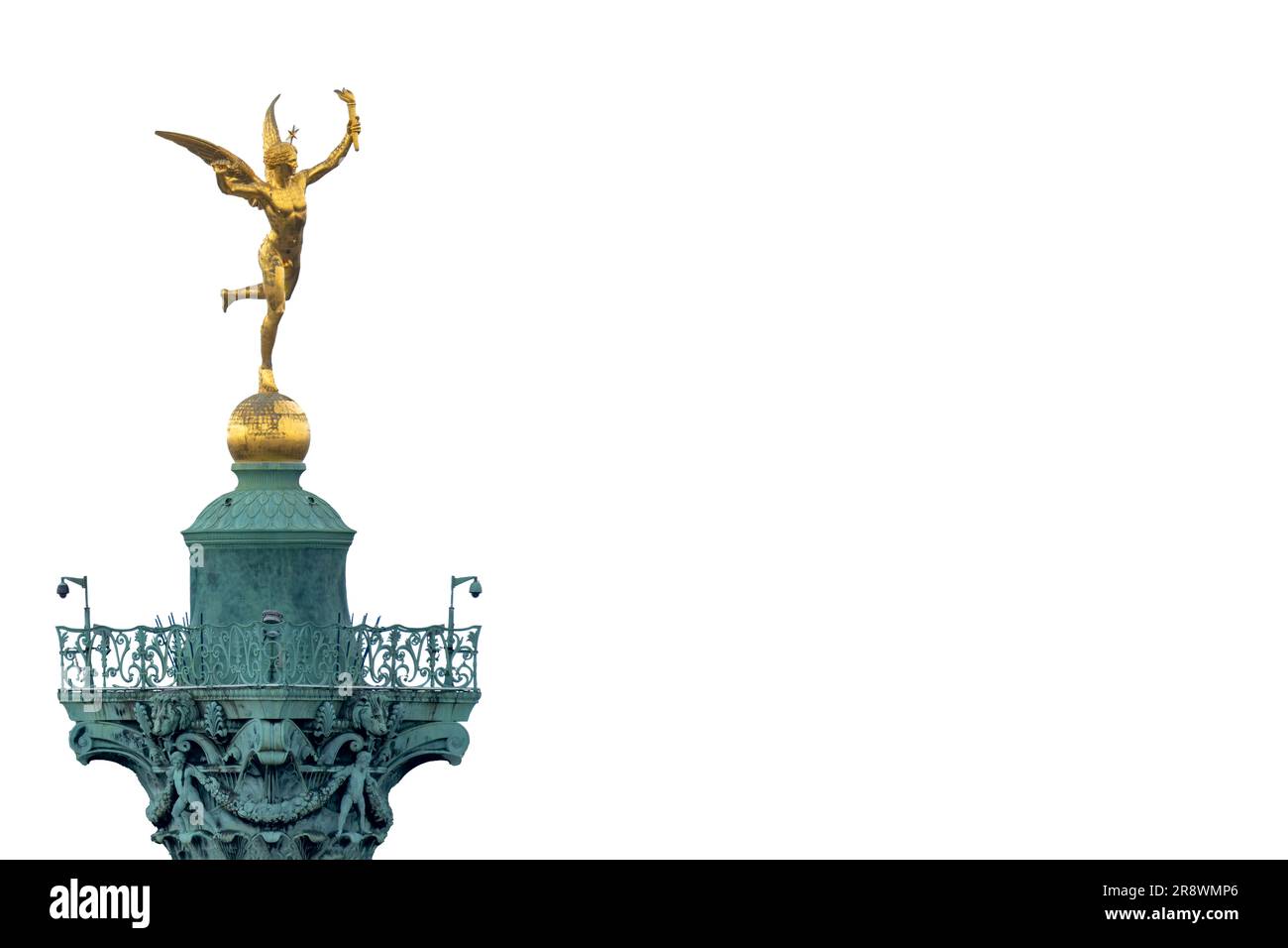 Close up of golden winged Mercury statue atop the Bastille column in ...