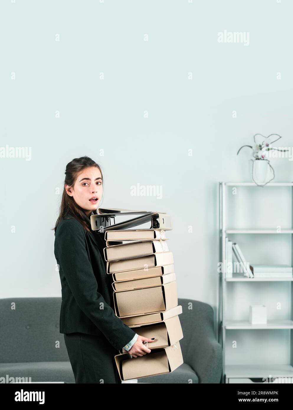 Sad busy secretary, stressed overworked business woman too much work ...