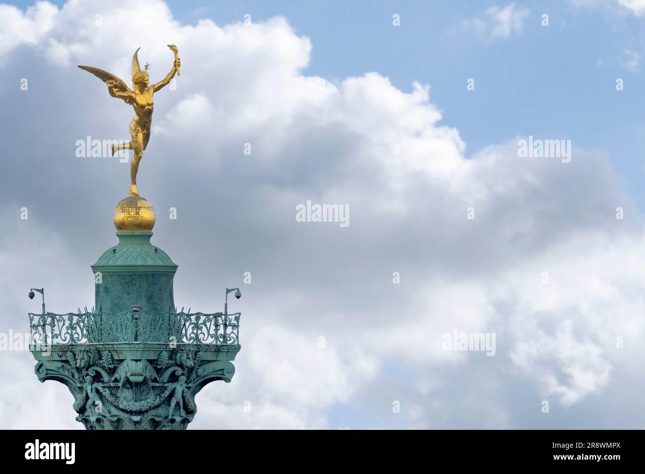 Close up detail of gilded winged Mercury atop the Bastille Column in ...