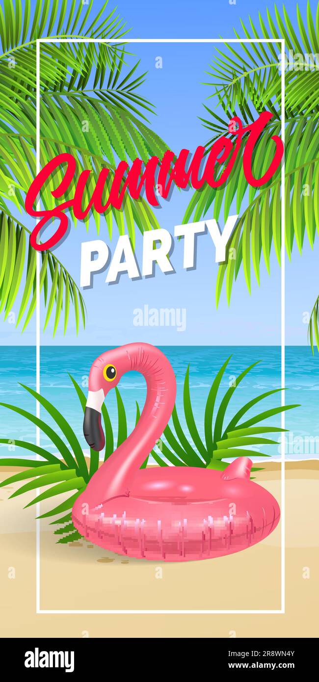 Summer party lettering in frame with sea beach and swimming ring Stock ...