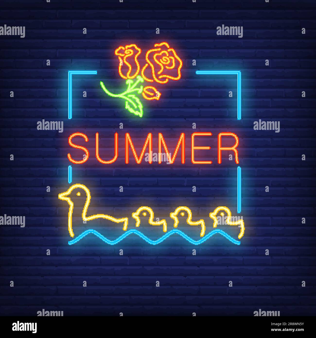 Summer neon text in frame with roses and duck with ducklings Stock ...