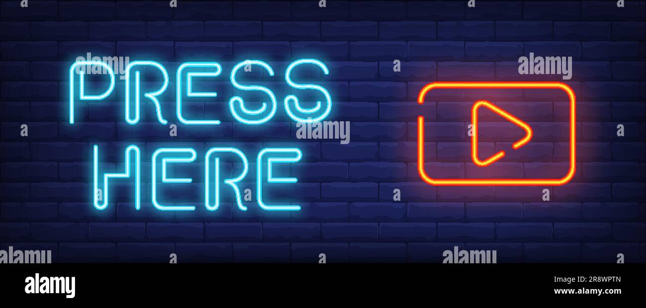 Video play neon style banner. Press here text and start button Stock ...