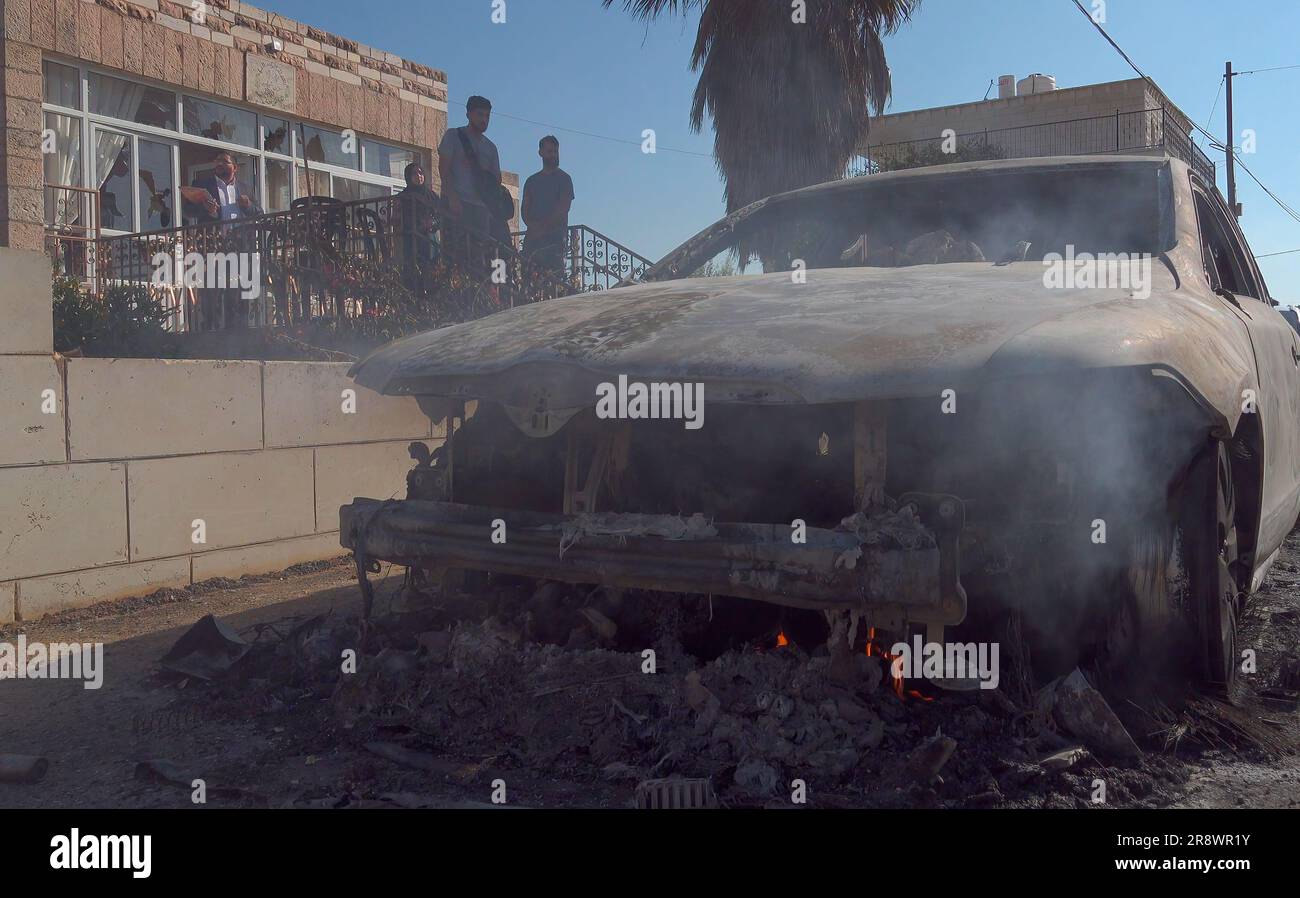 TURMUS AYYA, ISRAEL - JUNE 21: A burnt car that was set on fire by ...