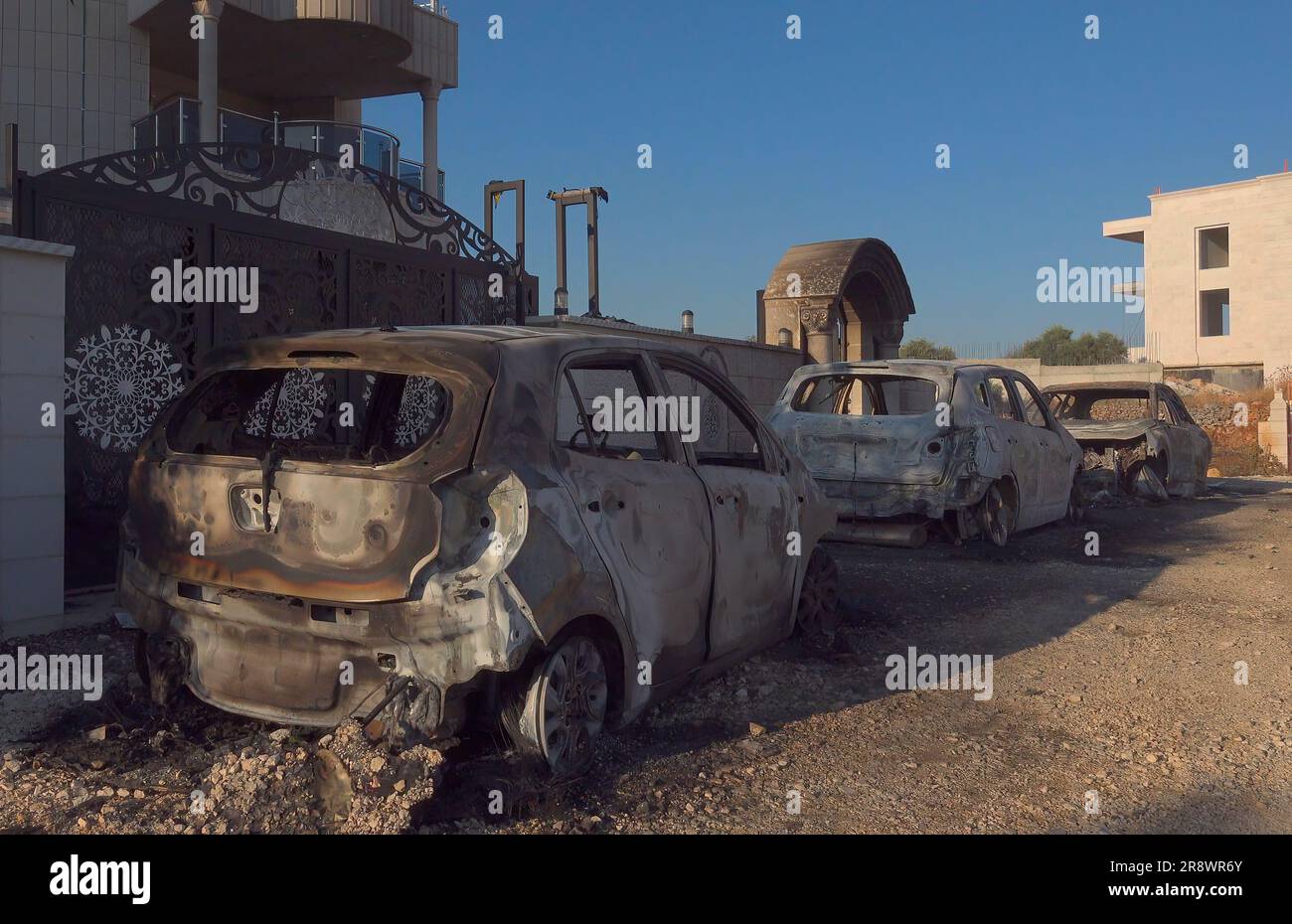 TURMUS AYYA, ISRAEL - JUNE 21: Burnt cars that were set on fire by ...