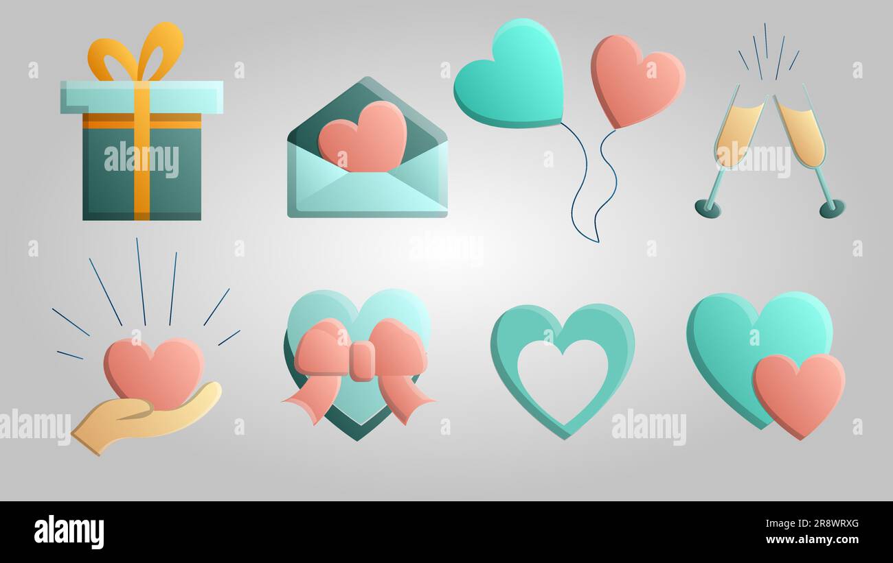 A large set of beautiful festive love joyful tender objects and icons ...