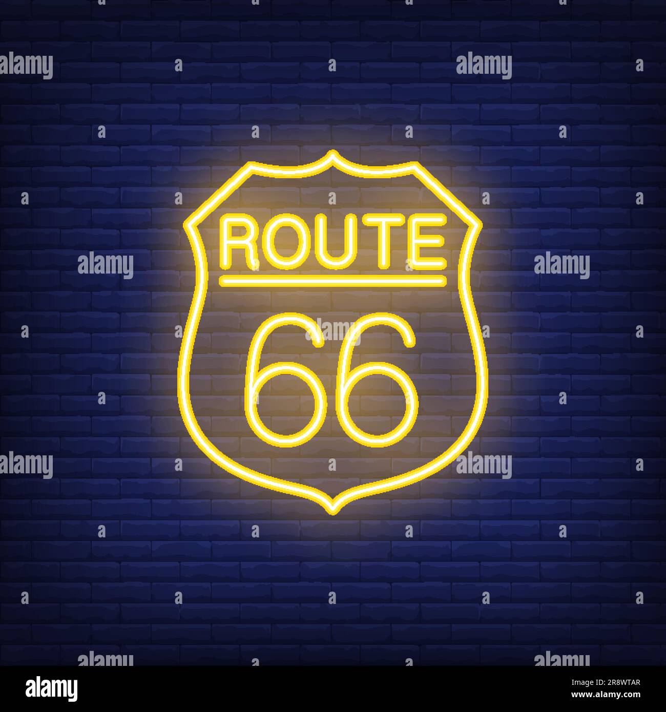Route sixty six badge. Neon style vector on brick background Stock ...