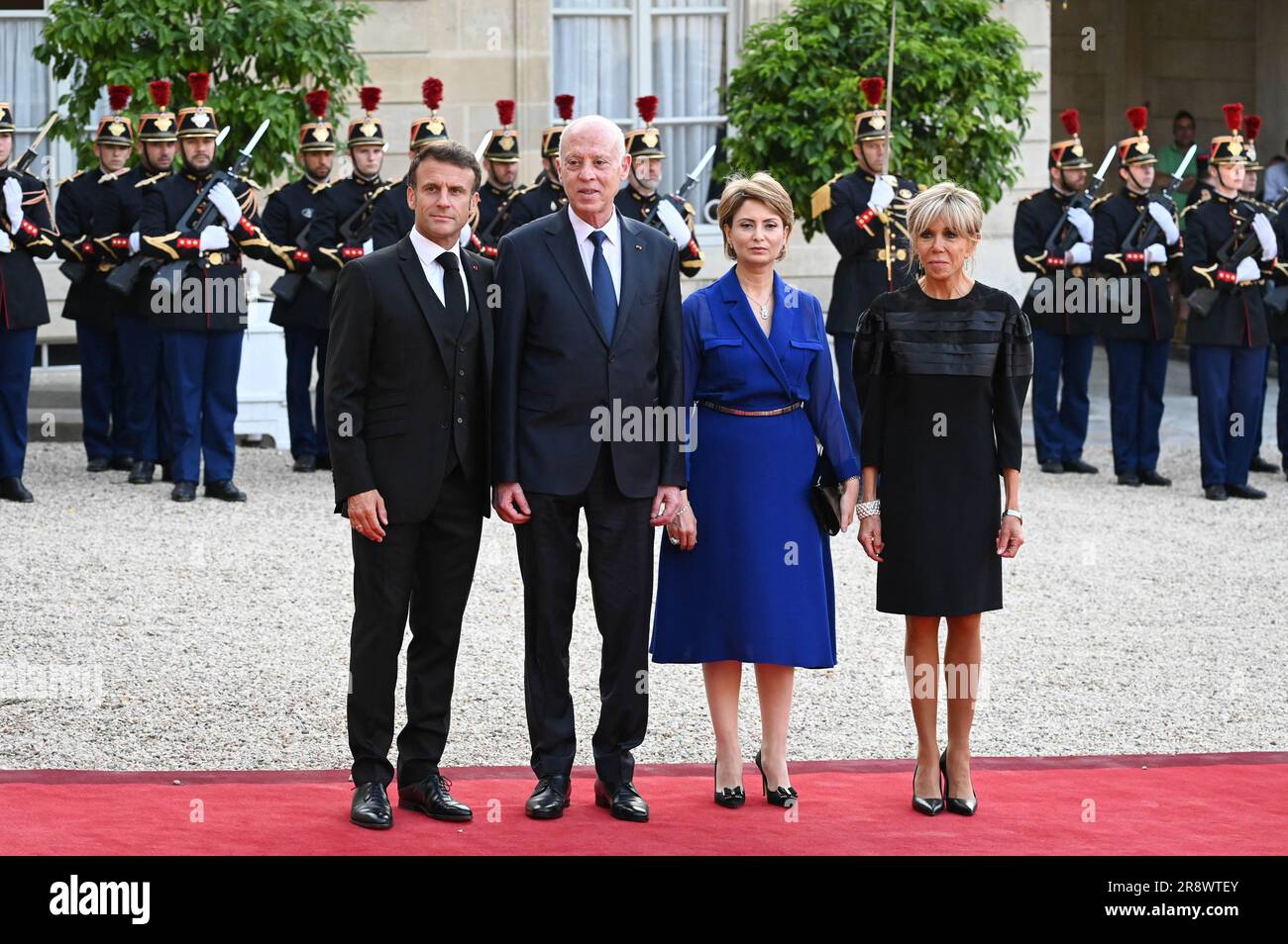 French President Emmanuel Macron and his wife Brigitte Macron greet ...