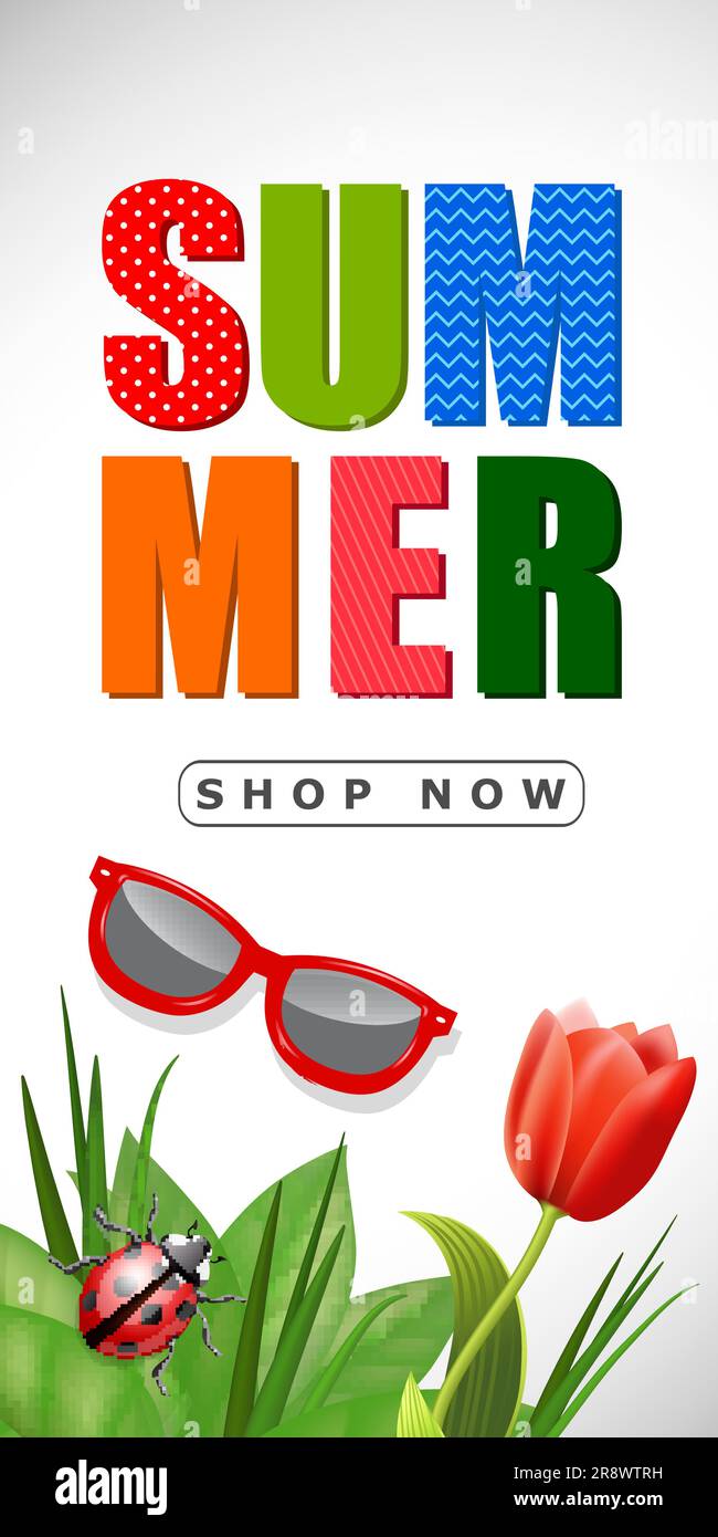 Summer sale shop now lettering with sunglasses and tulip Stock Vector ...