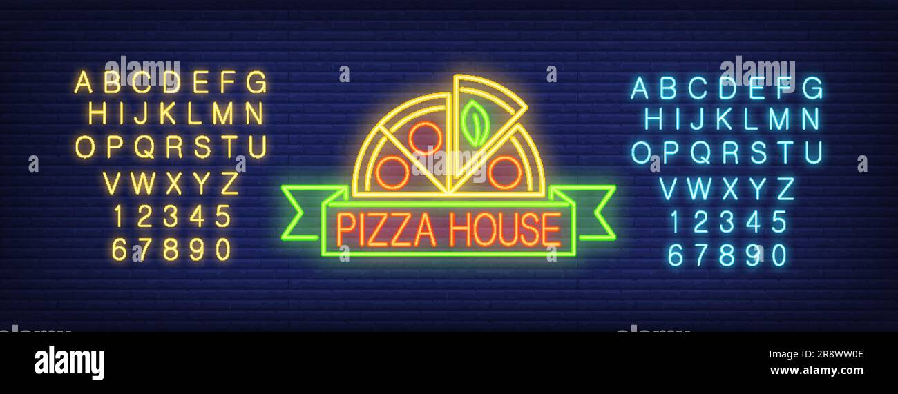 Neon alphabet and pizza over brick background. Signboard template ...