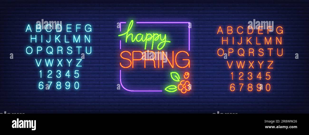 Neon alphabet and Happy Spring lettering over brick background ...
