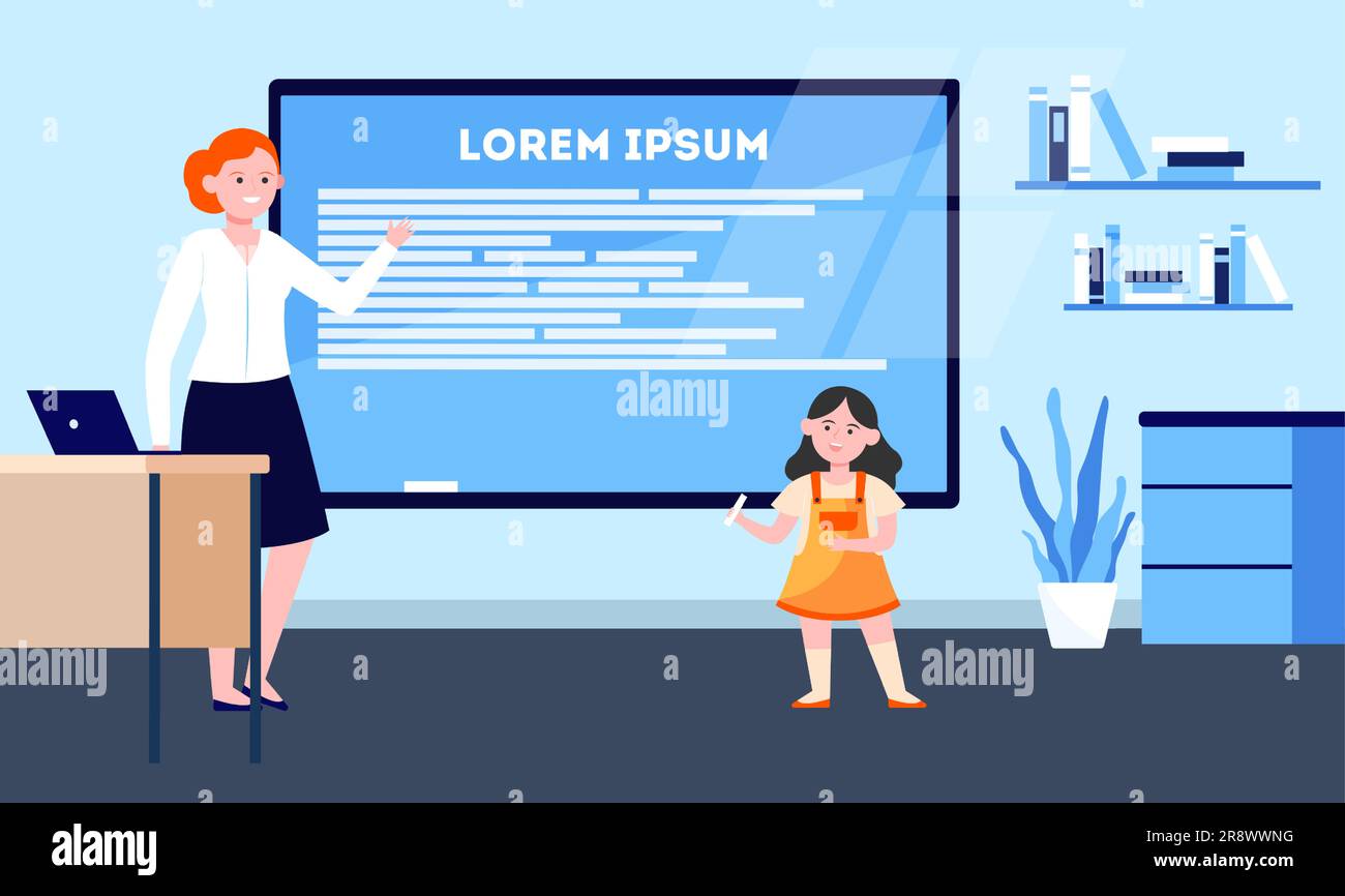 Cute schoolgirl giving report at class blackboard Stock Vector Image ...