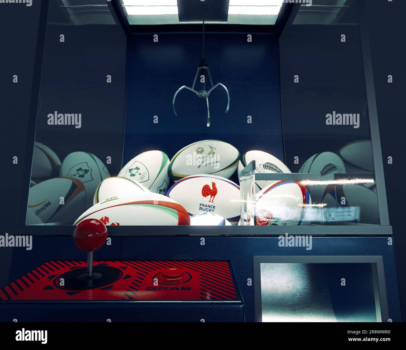 A concept 3D render of a arcade claw grab game filled with rugby balls ...