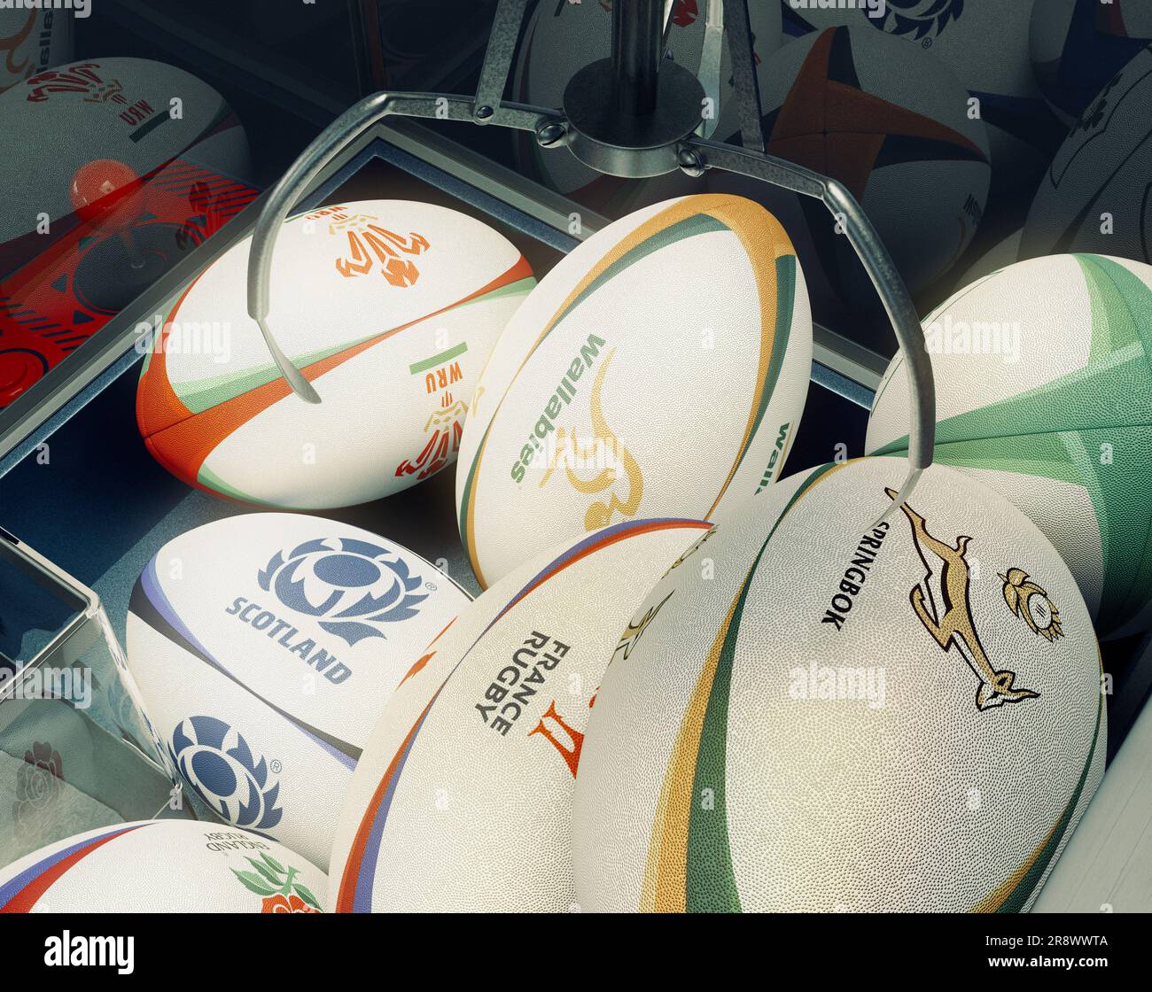 A concept 3D render of a arcade claw grab game filled with rugby balls ...