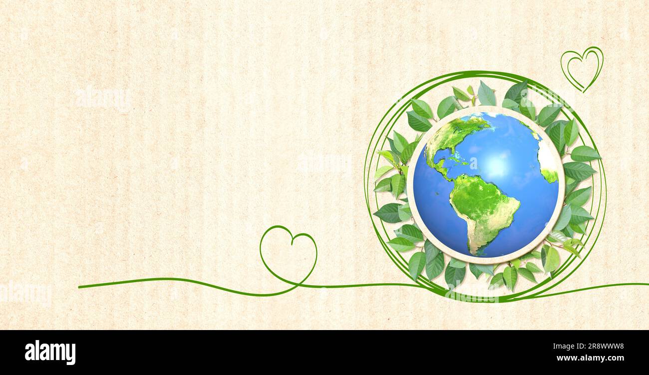 3d Earth planet and green leaves on cardboard texture. Horizontal ...