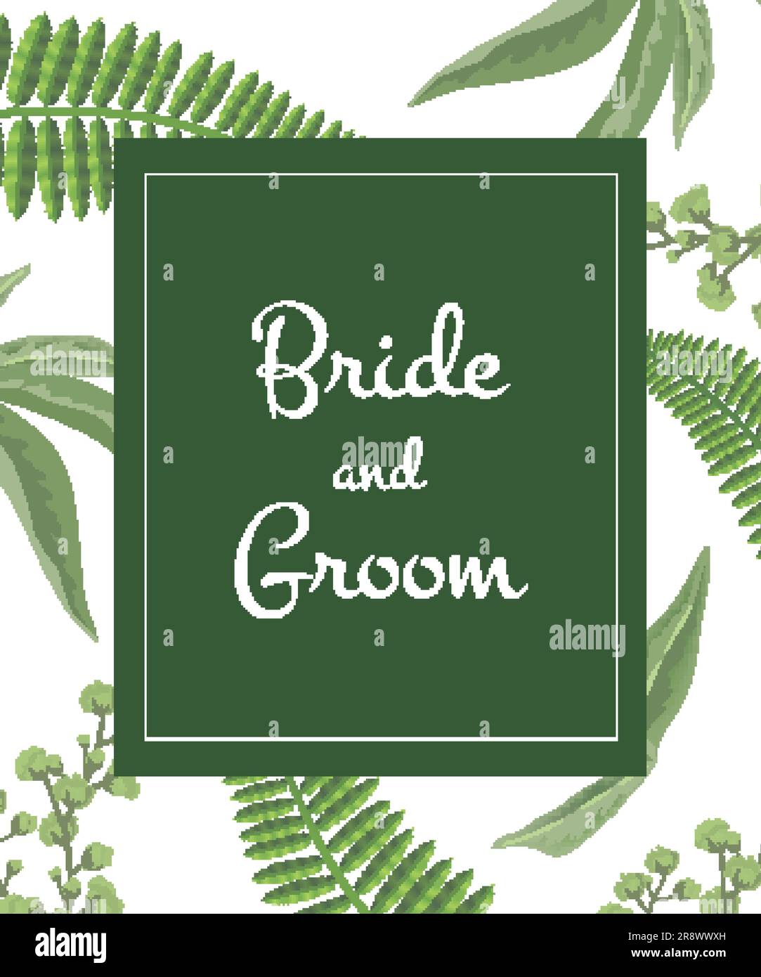 Wedding invitation Bride and groom lettering on greenery pattern Stock ...