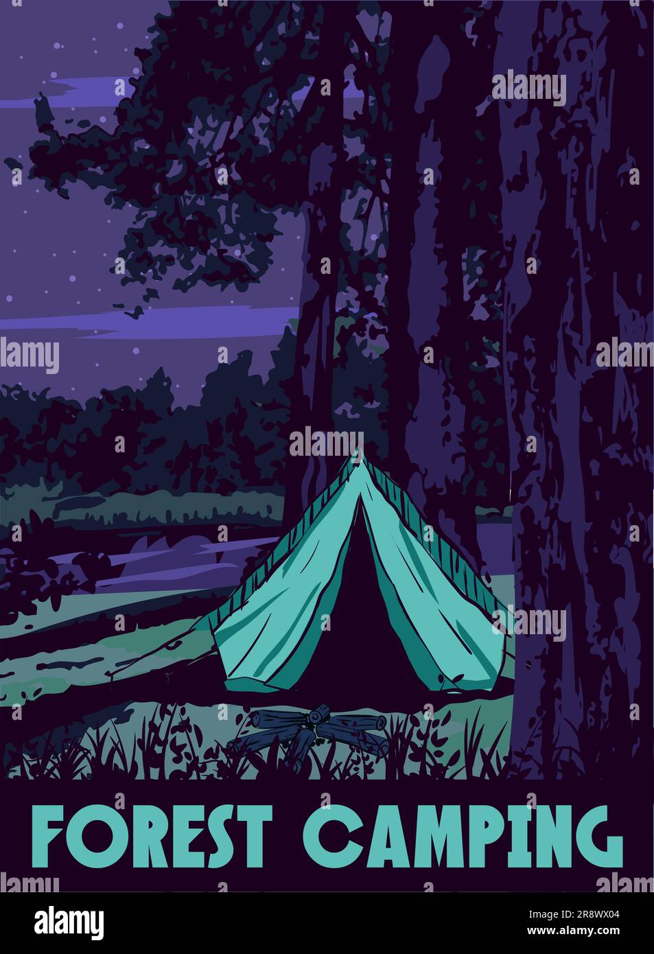 Forest Camping poster retro, night camping outdoor travel. Tourism ...