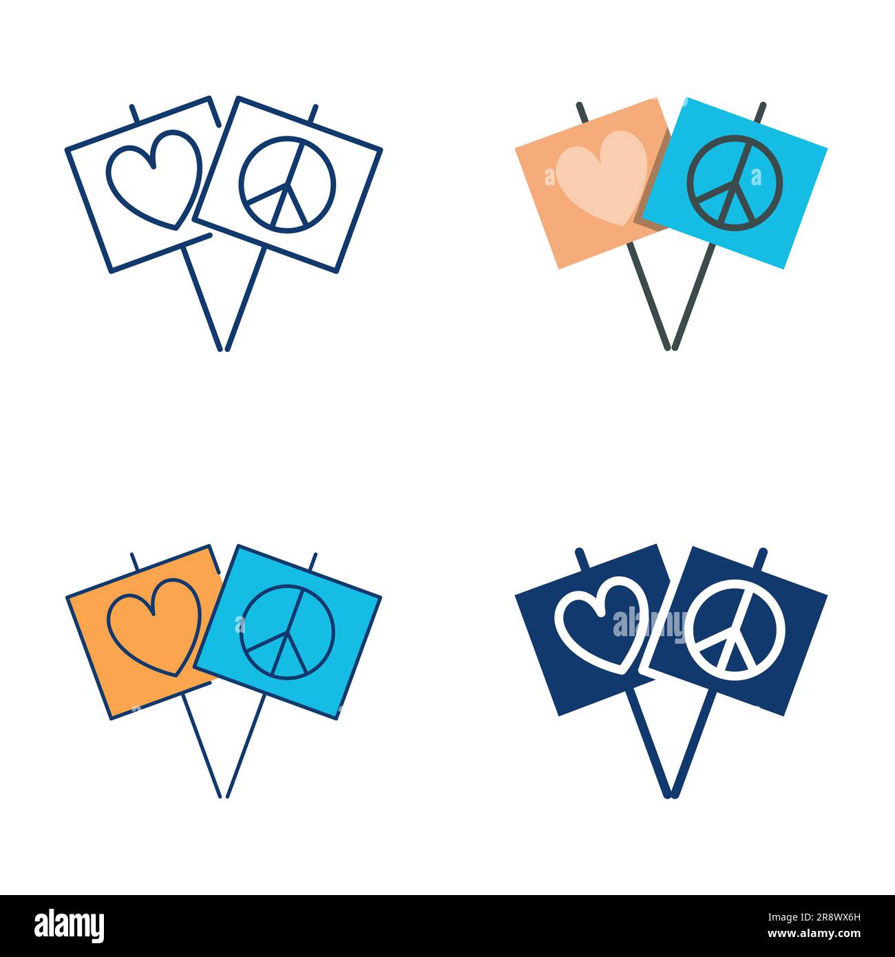 Plates with love and peace symbols icon set in flat and line style ...