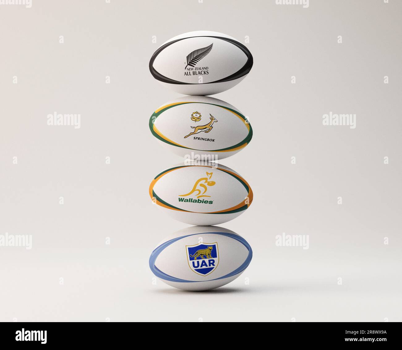 A 3D render of a stack of generic rugby balls imprinted with the logos ...