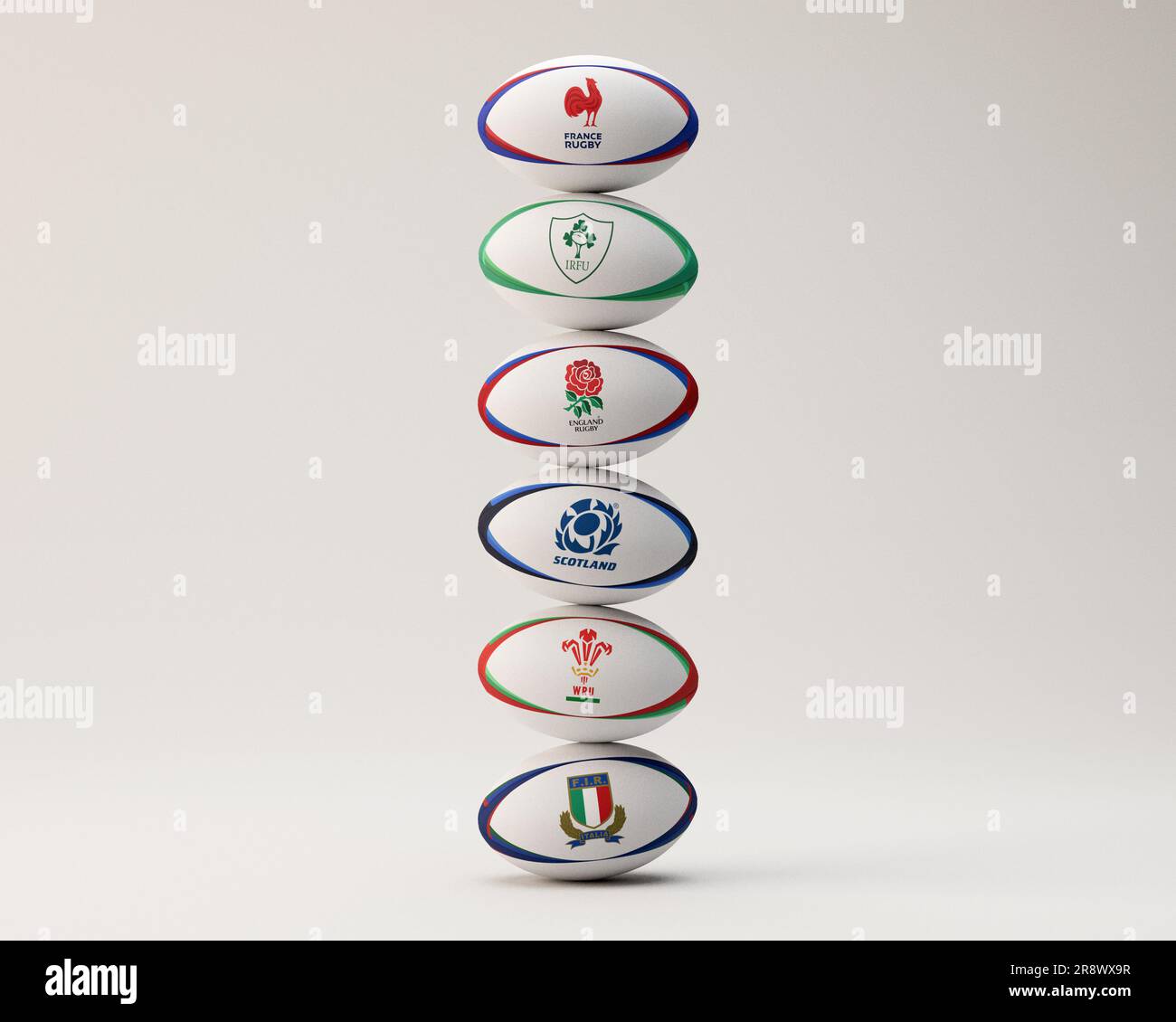 A 3D render of a stack of generic rugby balls imprinted with the logos ...