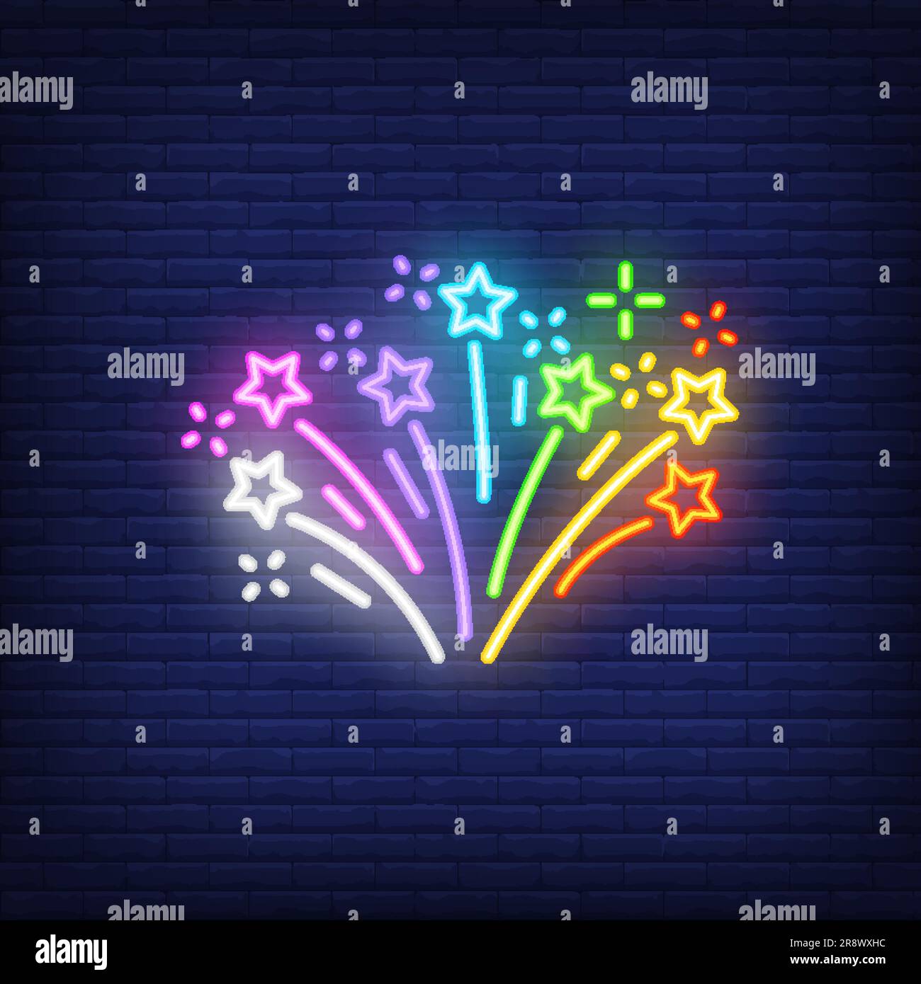Multicolored firework on brick background. Neon style vector Stock ...