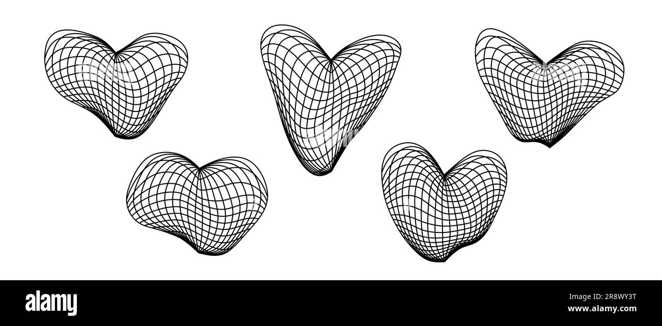 Distorted wireframe heart shapes set. Wrap grid design elements. Love and romantic or cardiology ...