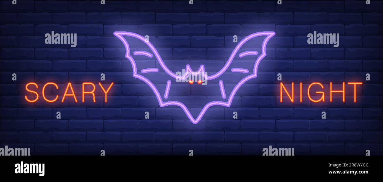 Scary night neon style lettering with glowing bat on brick wall Stock ...