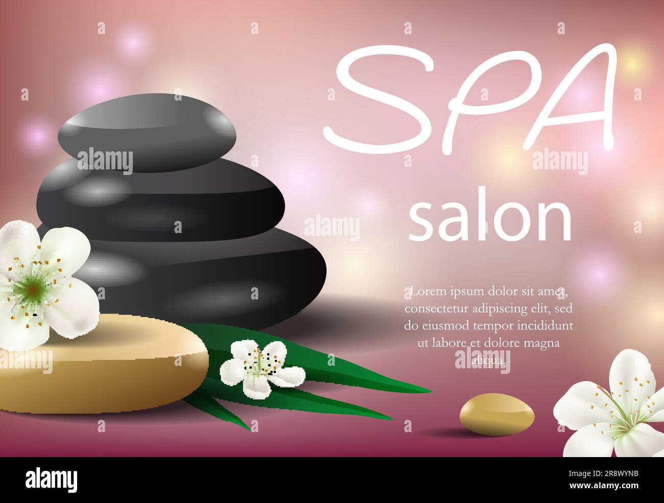 Spa salon lettering with smooth hot stone and blossom flowers Stock ...