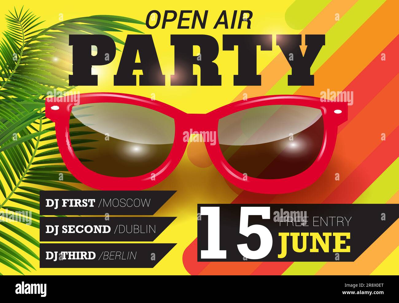 Open air, party, June fifteen lettering with red sunglasses Stock ...