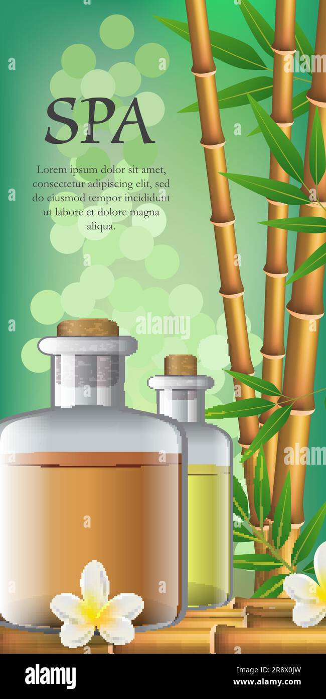 Spa lettering, flower, bamboo and two bottles with oil Stock Vector ...