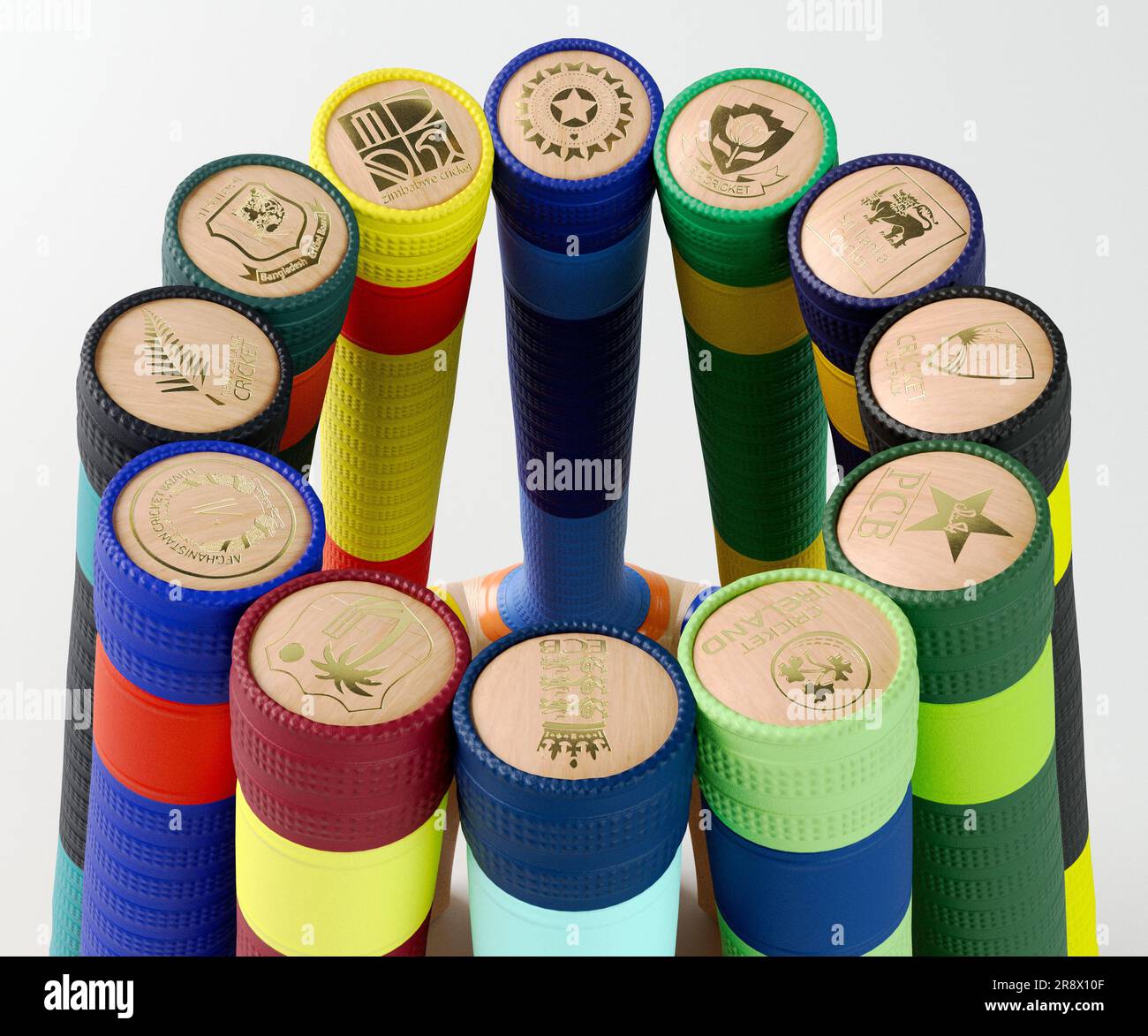 A 3D render of a circular arrangement of cricket bats grips imprinted ...