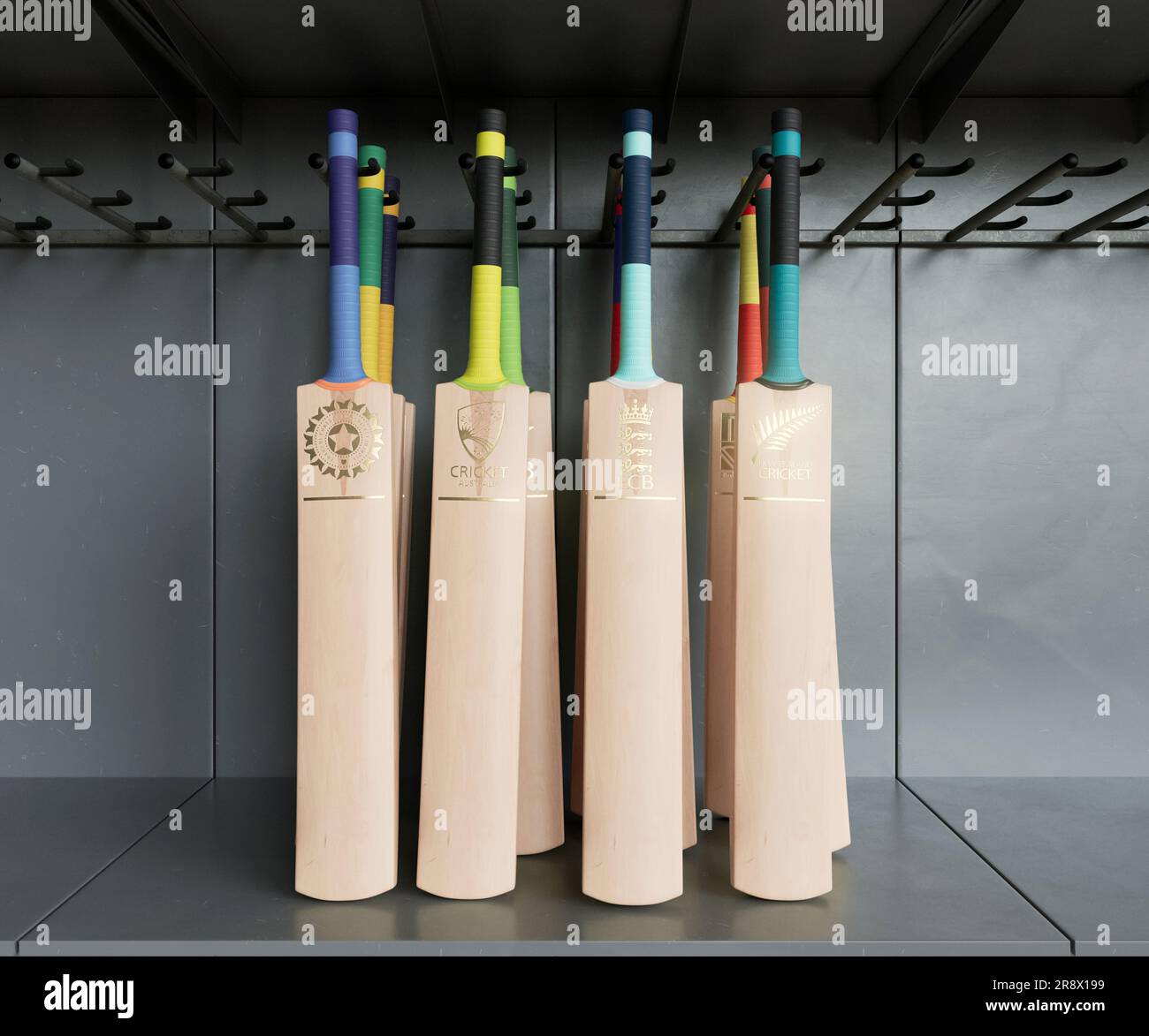 A collection of cricket bats imprinted with gold logos of the ICC ...