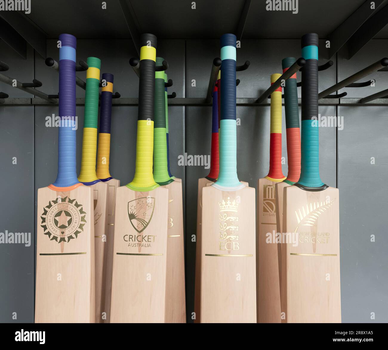 A collection of cricket bats imprinted with gold logos of the ICC ...