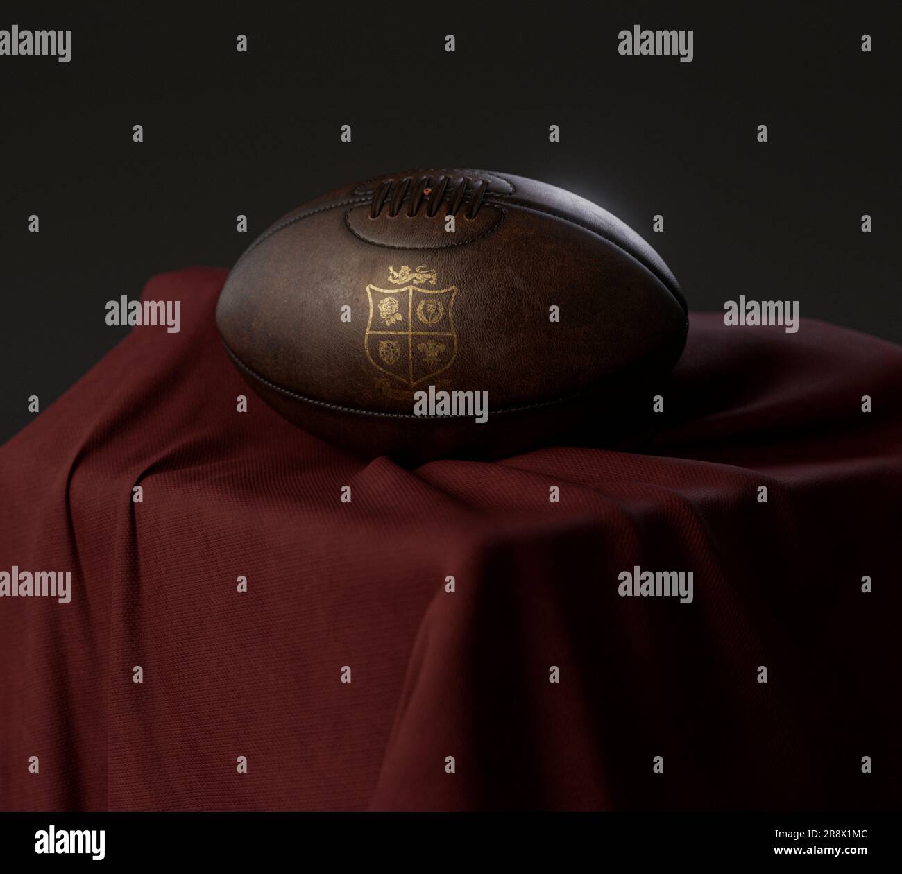 A 3D render of a vintage leather rugby ball with a gold British And ...