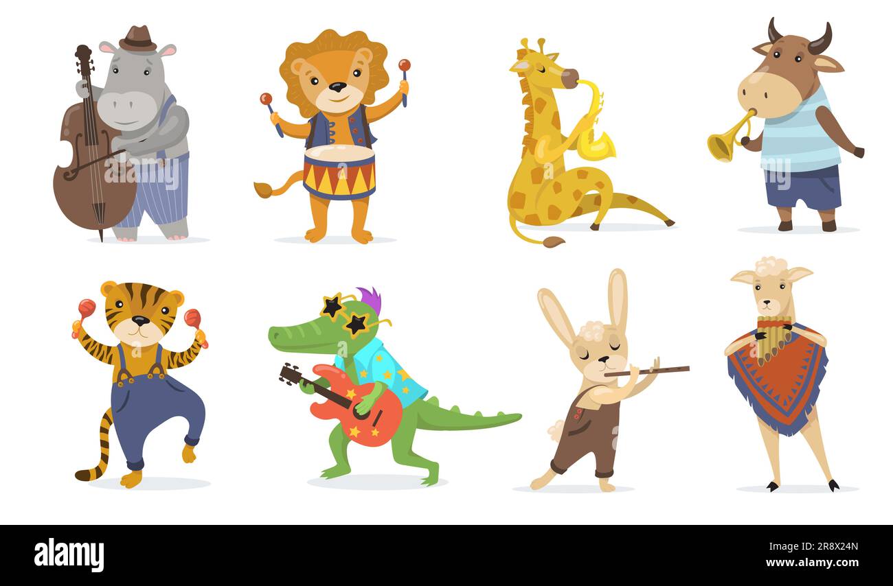 Cute animals playing musical instruments flat illustration set Stock ...