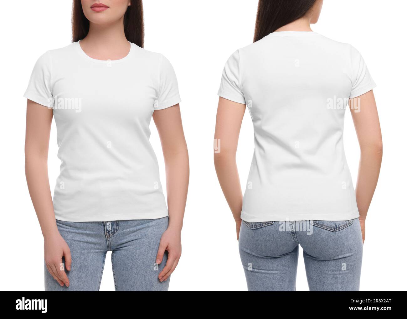 Woman wearing casual t-shirt on white background, closeup. Collage with ...