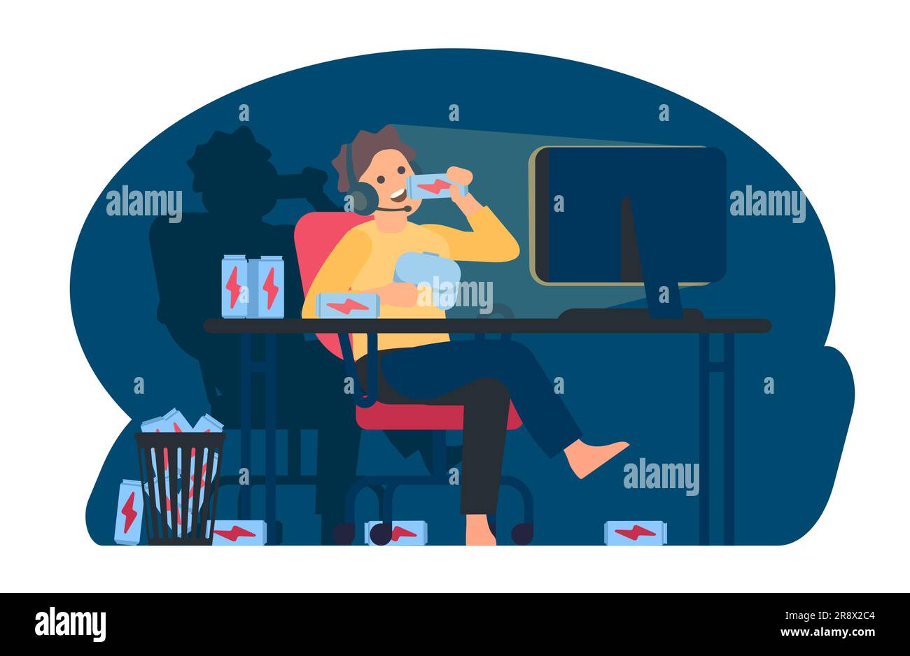 Guy plays video game at night. Man drinks lot of energy beverage ...