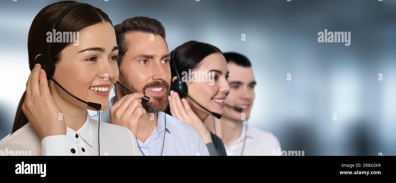 Hotline operators with headsets in office, space for text. Banner ...