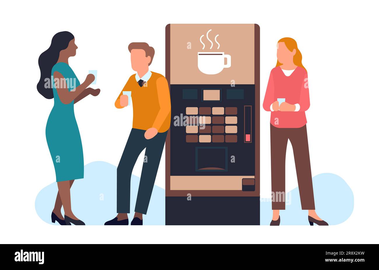 Office workers drinking coffee. Man and women talking near caffeine vending machine. Automatic ...