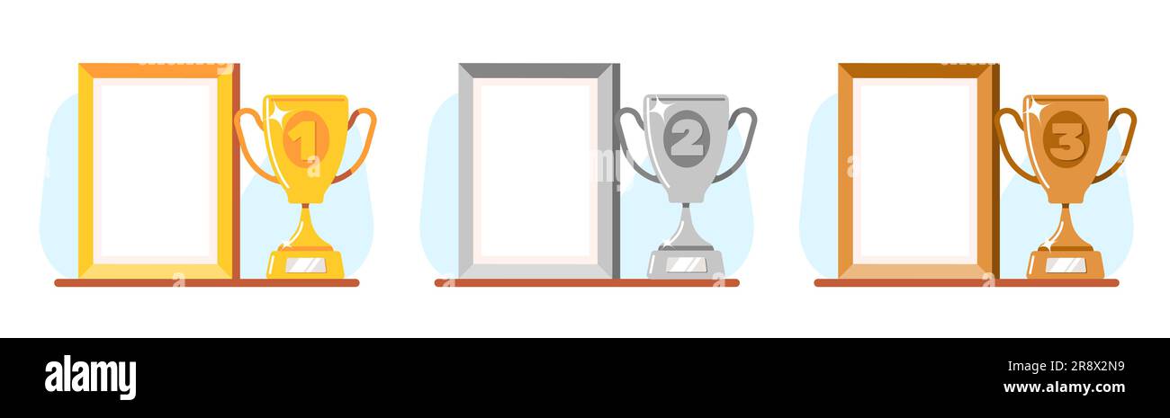 Winning awards. Gold, silver and bronze cups and photo frame with ...