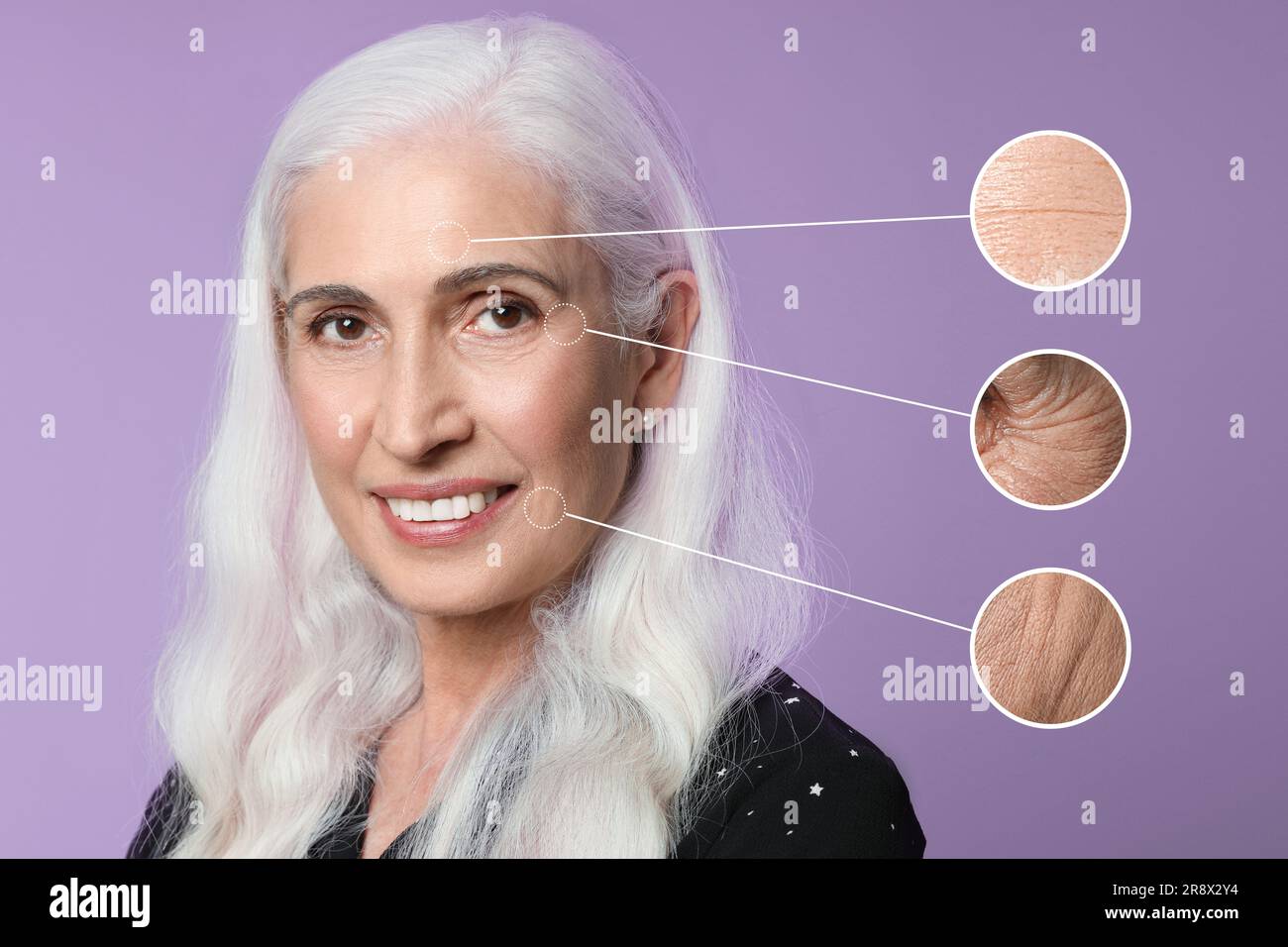 Beautiful mature woman on violet background. Zoomed skin areas showing ...