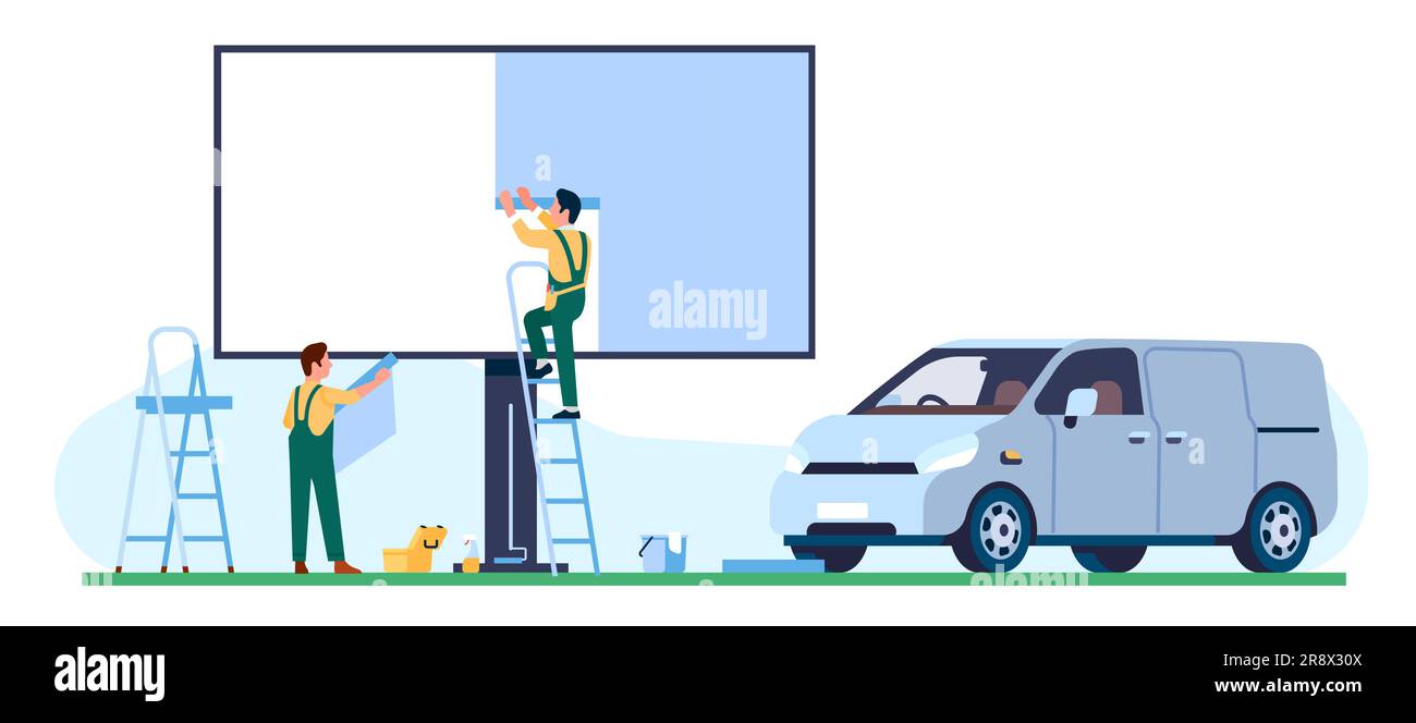 Two men paste banner on roadside billboard. People installing outdoor ...