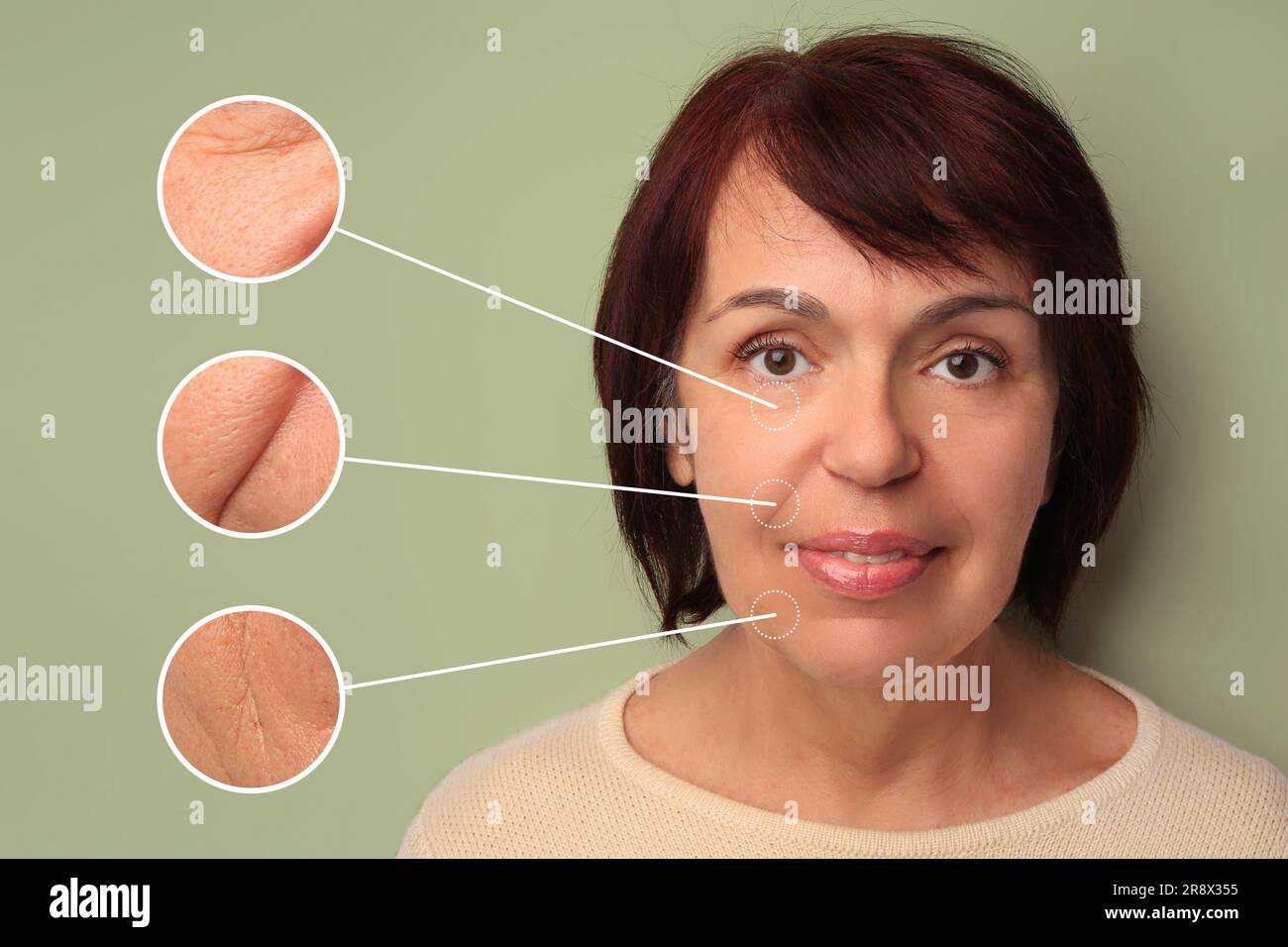 Beautiful mature woman on olive background. Zoomed skin areas showing ...