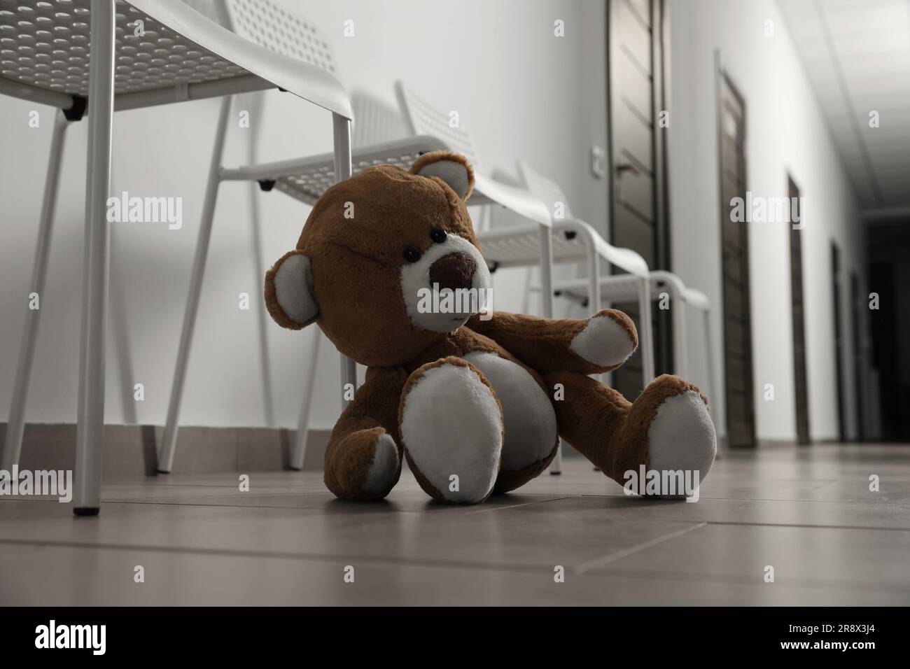 Cute teddy bear left on floor in hallway Stock Photo - Alamy